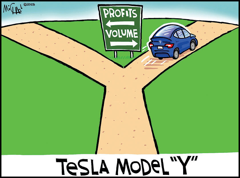 Leo Michael cartoon: Tesla's fork in the road | Automotive News