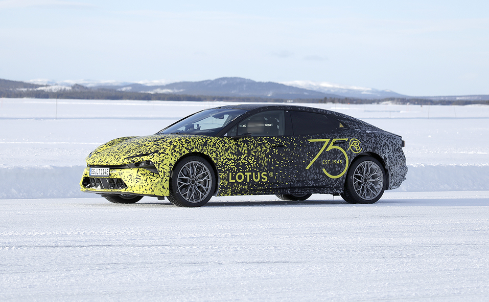 Lotus EV sedan prototype spotted winter testing | Automotive News