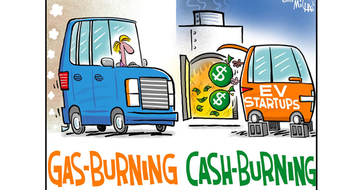 Leo Michael cartoon: Burning cash on EVs | Automotive News