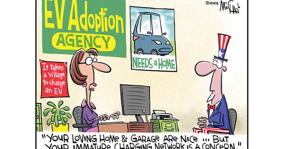 Leo Michael cartoon: EV adoption agency | Automotive News