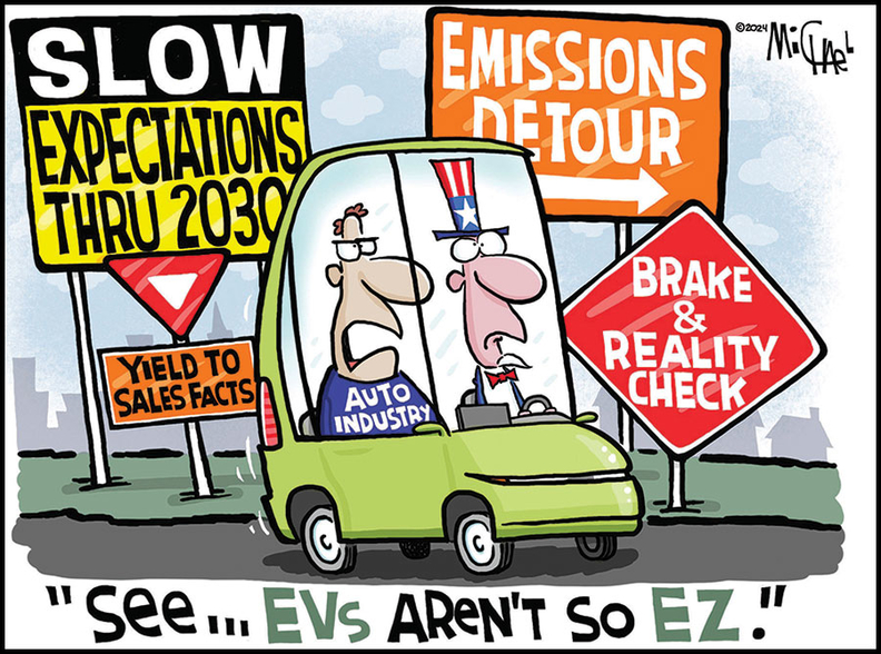 Leo Michael cartoon: EVs aren't so EZ | Automotive News