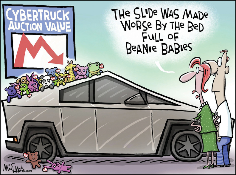 Leo Michael cartoon: Cybertruck auction value | Automotive News